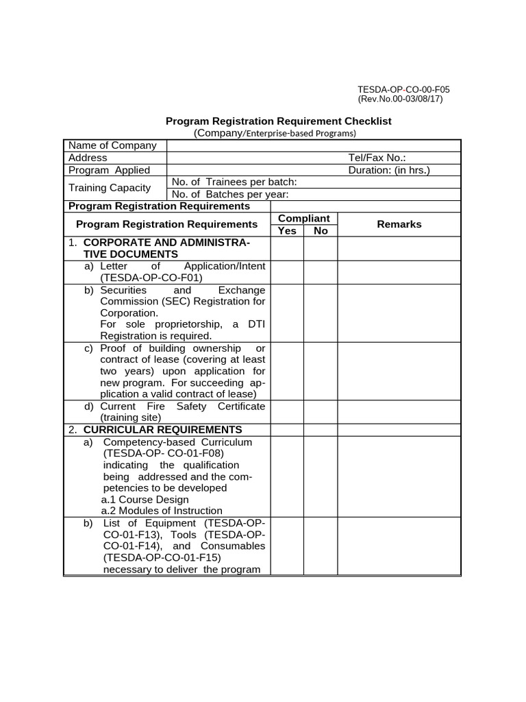 Program Registration Checklist for TESDA | PDF | Business