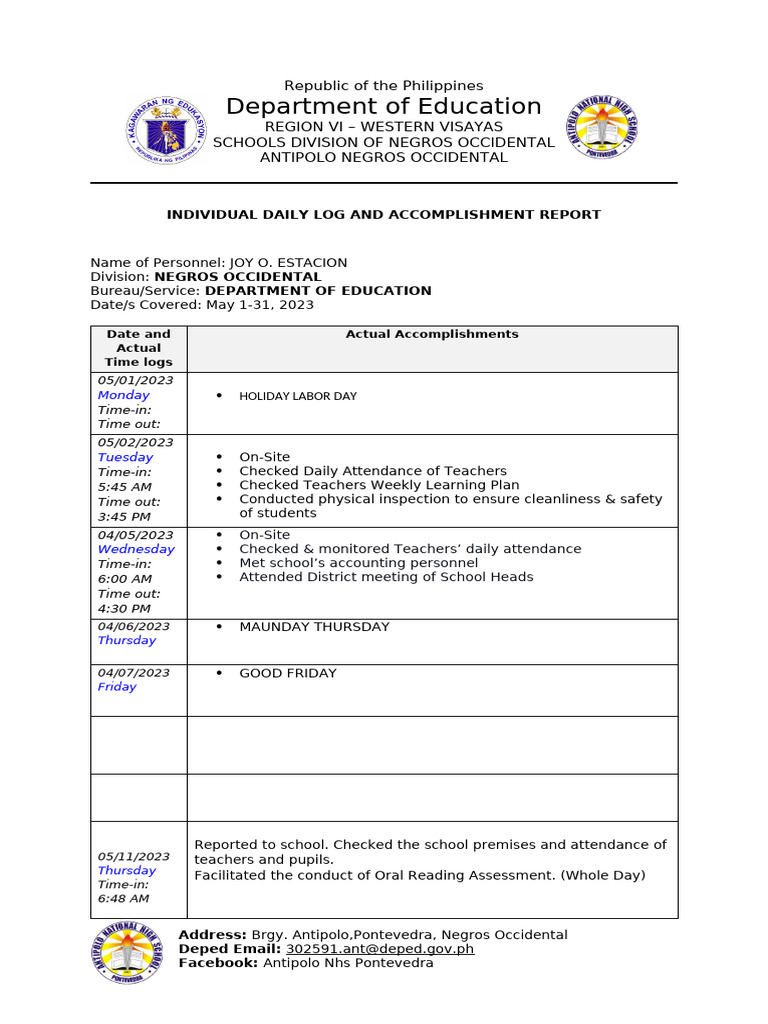 May 2023 Daily Log: Antipolo NHS | PDF