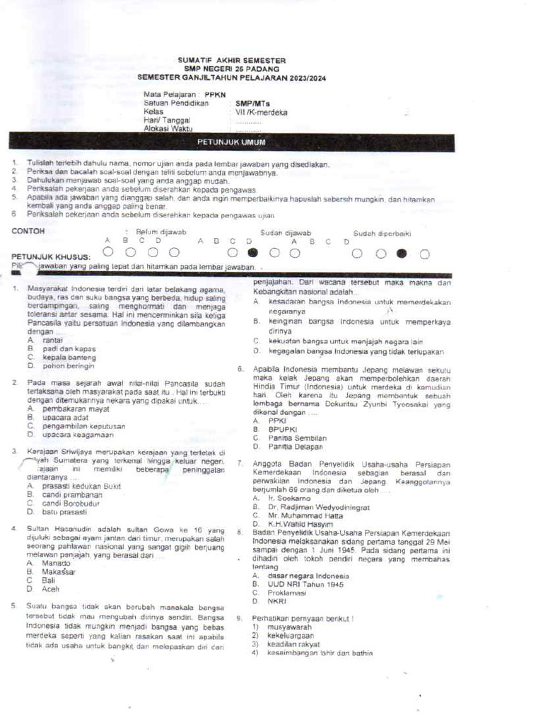 SOAL PPKN KLS 7 TA 2023-2024 | PDF