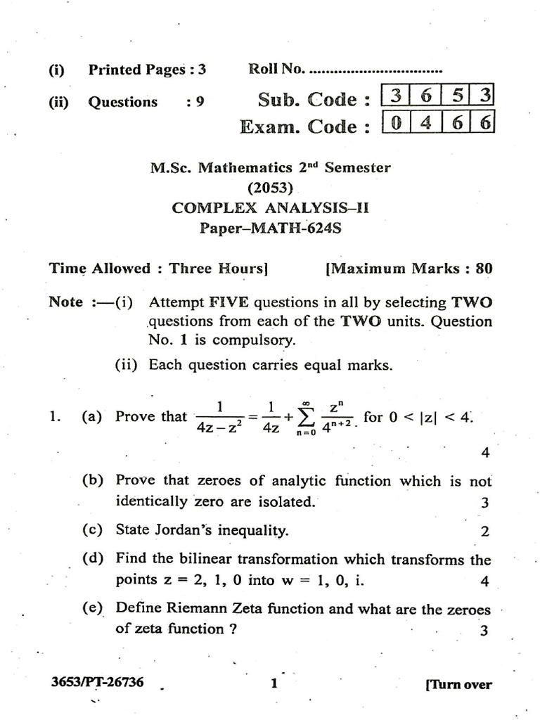 Complex Analysis II MSC Math Mathematics 2nd Sem Previous Year Question Paper 2023.4347 | PDF
