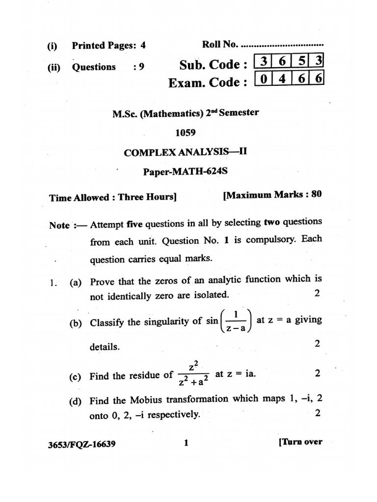 complex-analysis-ii-msc-math-mathematics-2nd-sem-previous-year-question-paper-2019.1212 | PDF