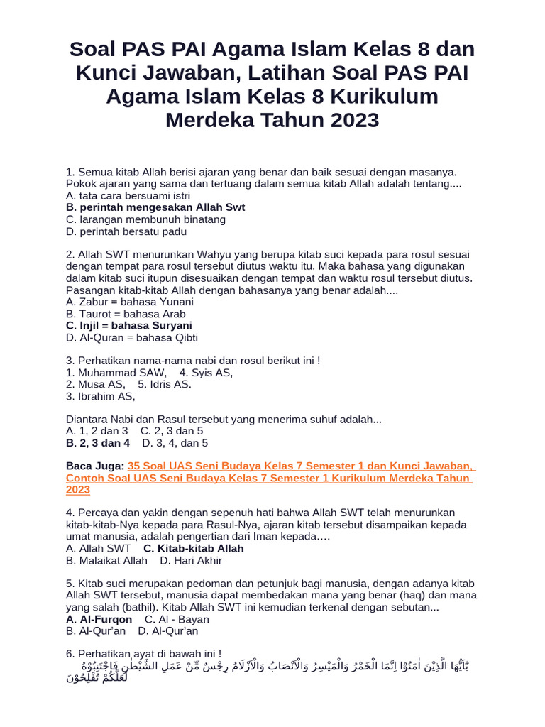 Soal PAS PAI Agama Islam Kelas 8 Dan Kunci Jawaban | PDF