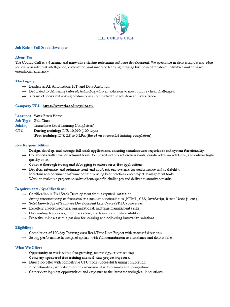 Full stack developer JD | PDF | Software Development Process | Artificial Intelligence
