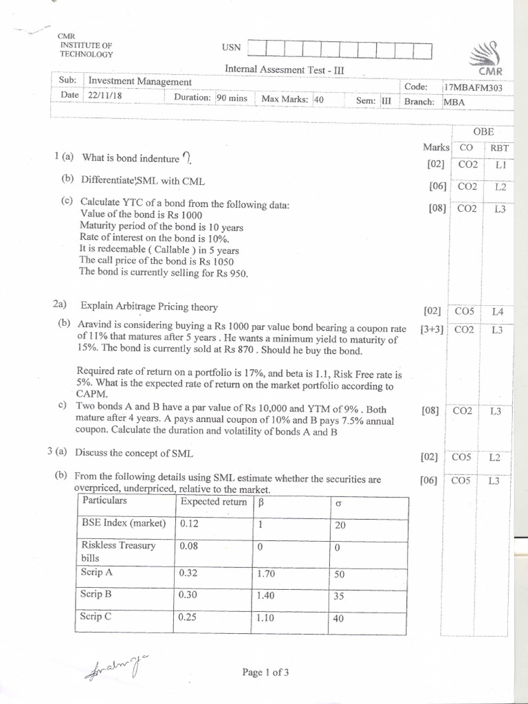 IAT-III Question Paper With Solution of 17MBAFM303 Investment Management Dec-2018-M.S.Kokila | PDF