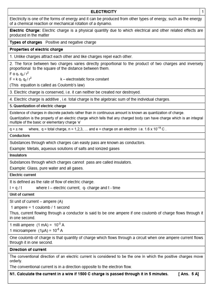 Notes- Electricity | PDF | Electric Charge | Electric Power