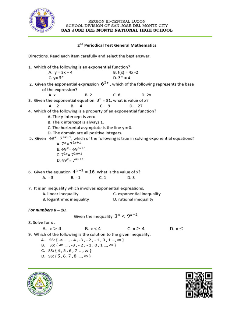 2nd PT Gen - Math For SY 2024 2025 | PDF | Exponential Function | Function (Mathematics)