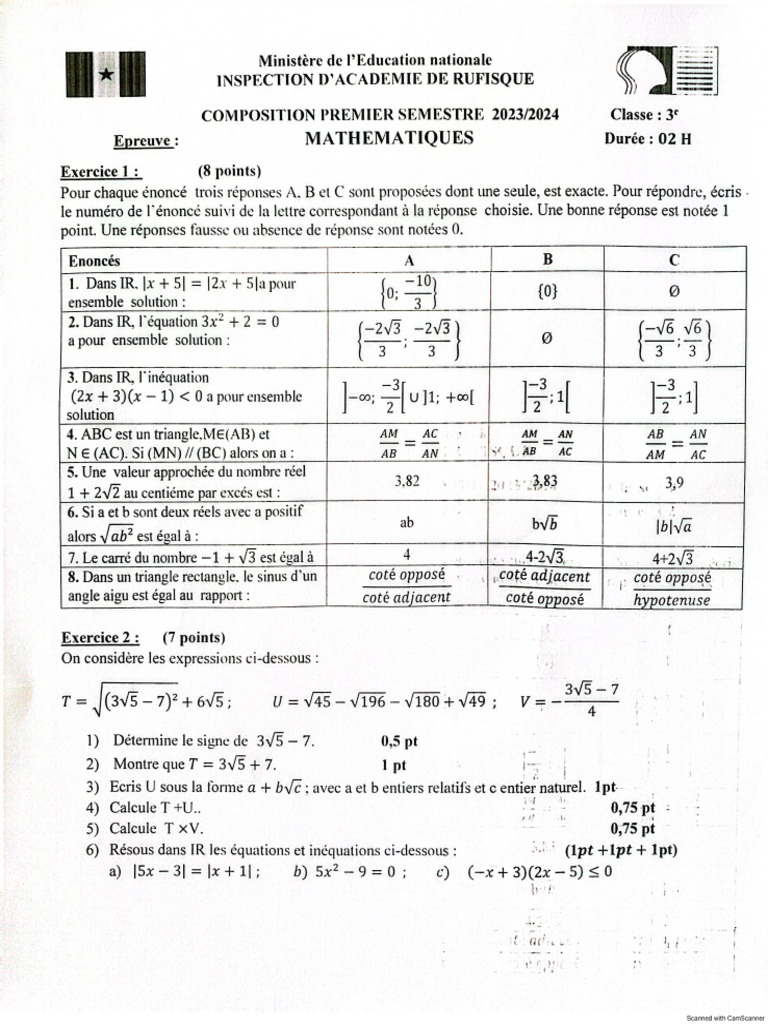 Composition Maths Standardisée IA RUFISQ | PDF
