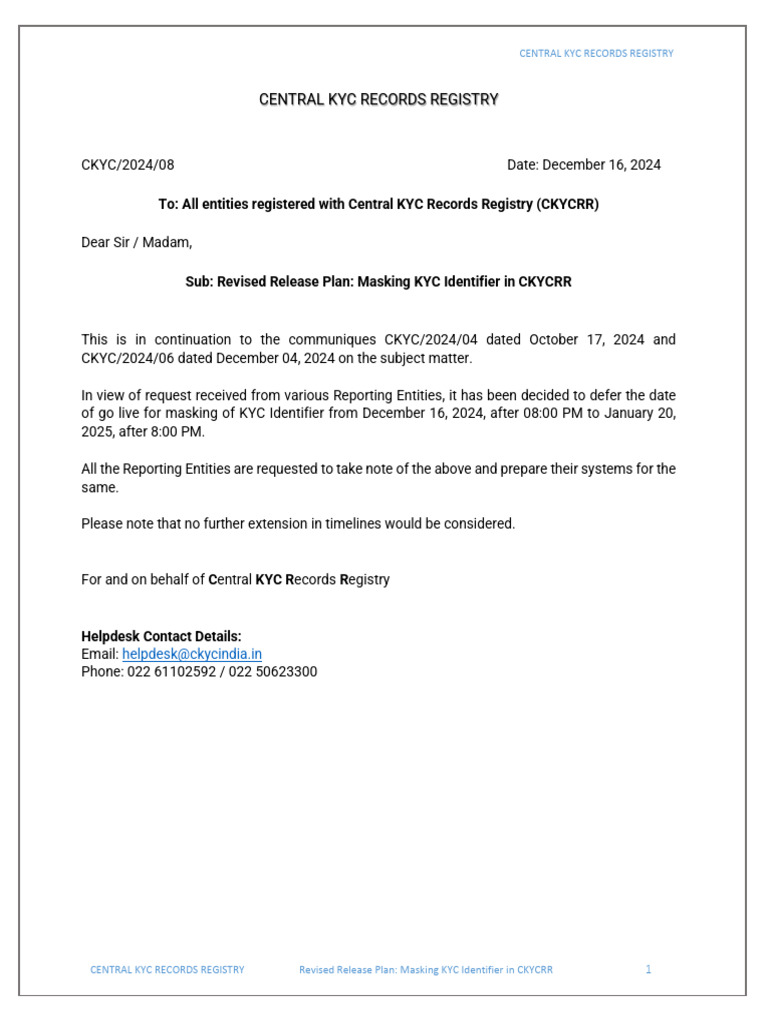 Revised Release Plan Masking of KYC Identifier | PDF