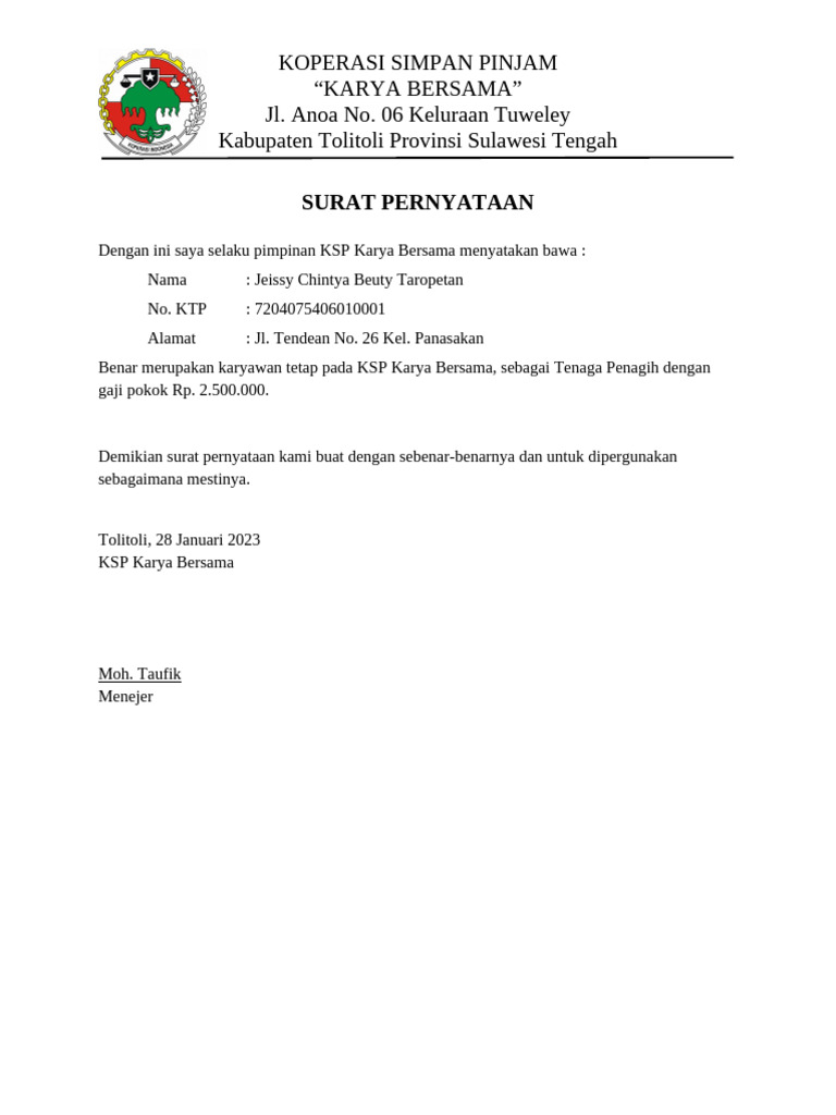 Surat Pernyataan Karyawan KSP Karya Bersama | PDF