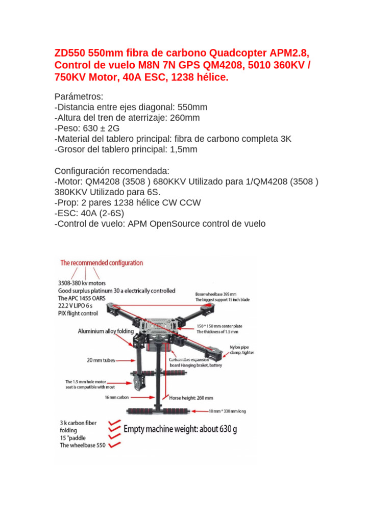 ZD550 550mm fibra de carbono Quadcopter APM2 Especificacion de Chasis | PDF | Sistema de ...