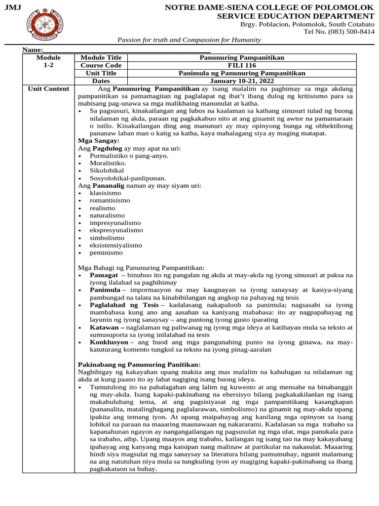 Module 1-2 For Panunuring Pampanitikan | PDF