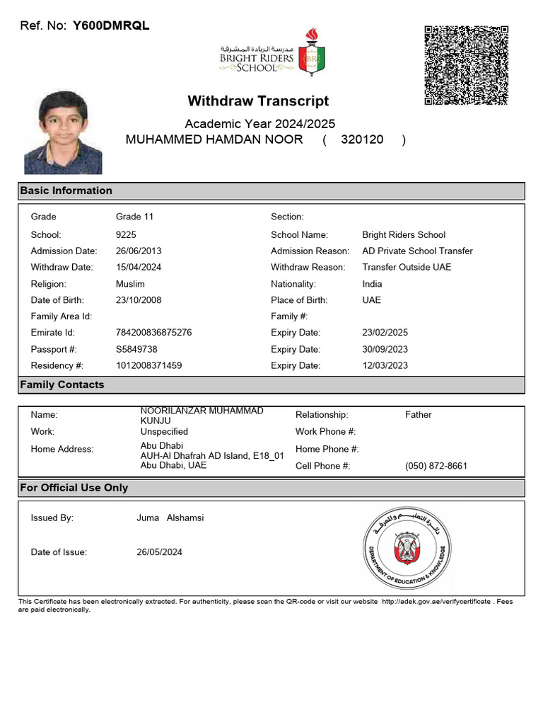 MUHAMMED NOOR WITHDRAW TRANSCRIPTdff | PDF | United Arab Emirates