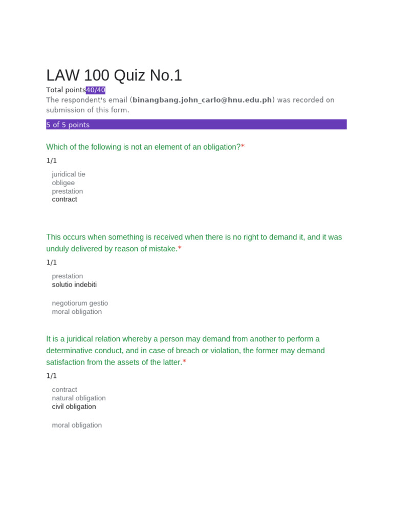 law quiz 1 | PDF | Law Of Obligations | Civil Law (Legal System)