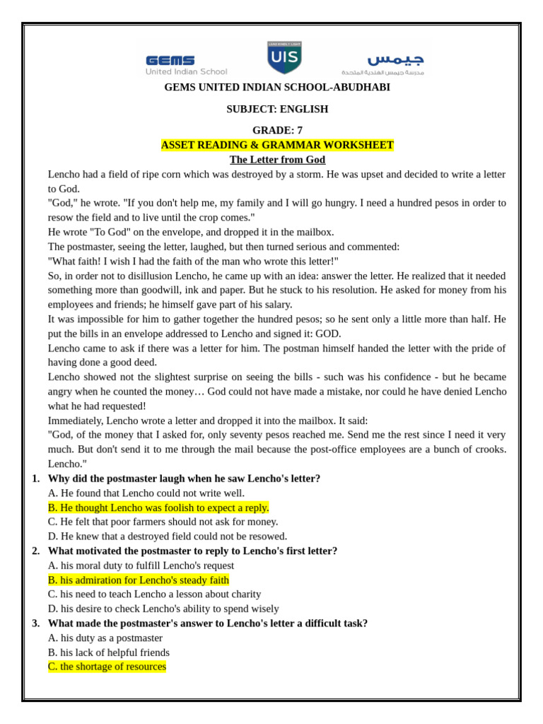 Grade 7 English Reading & Grammar Worksheet | PDF | Jackie Robinson ...