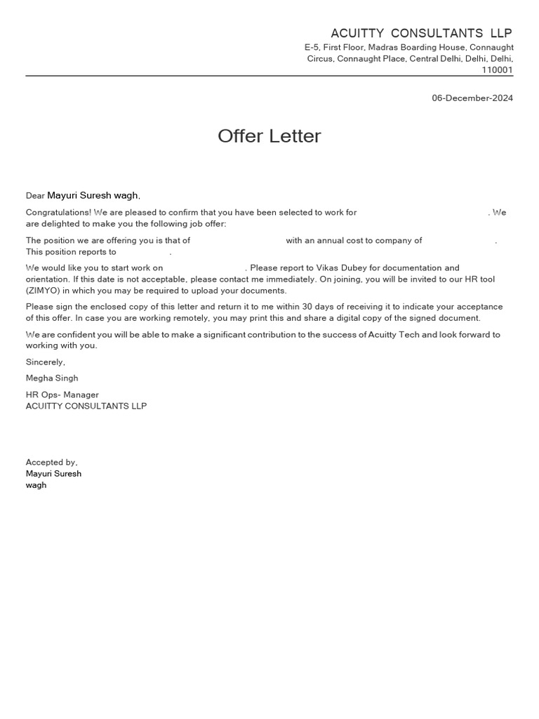 mayuri - offer-letter | PDF | Salary | Employment