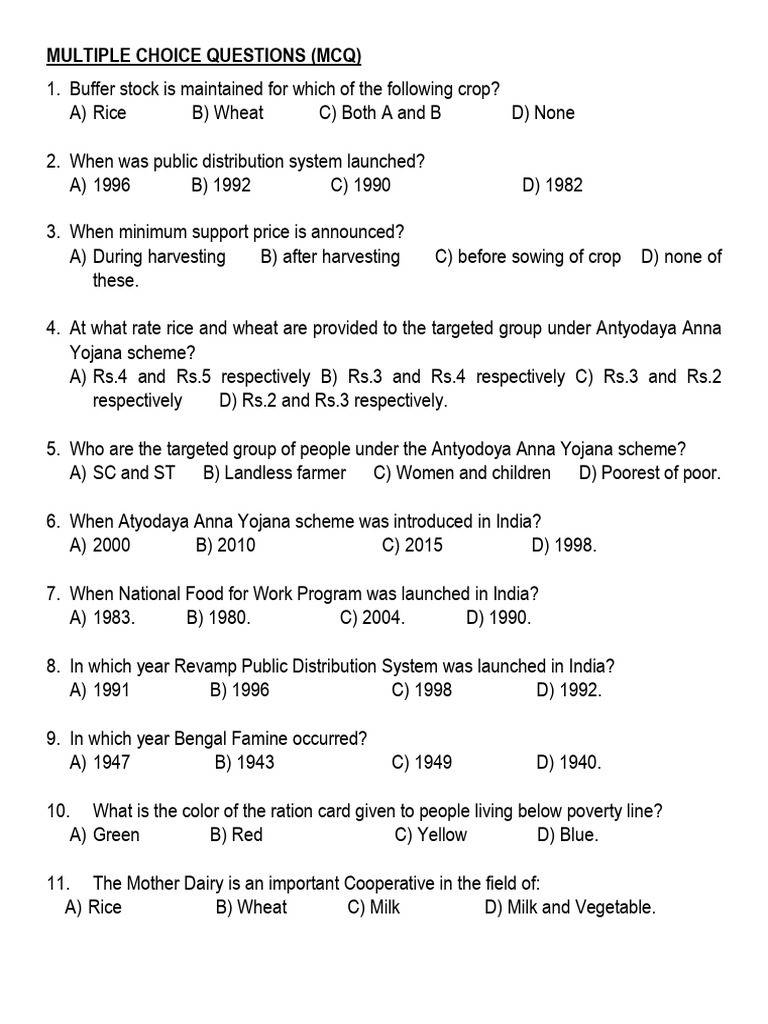 Multiple Choice Questions (MCQ) | PDF | Maize | Wheat