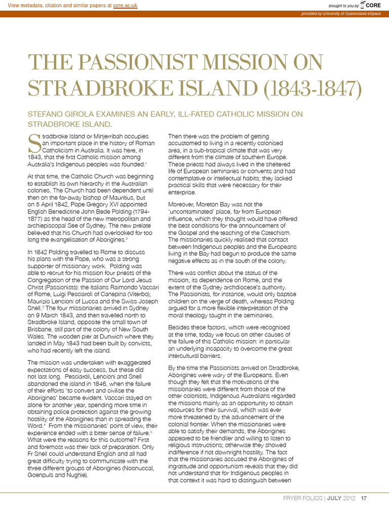 Aboriginal Passionist Mission On Stradbroke Isl | PDF | Christian Mission | Indigenous Australians