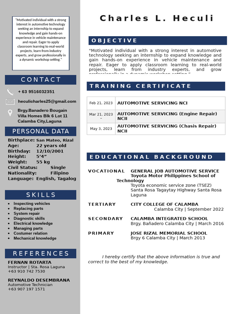 Resume Format For Ojt Copych | PDF | Vehicles