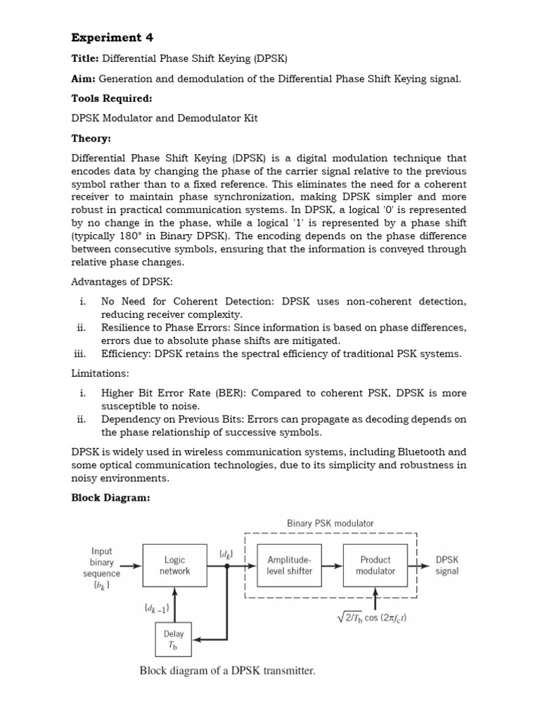 Experiment 4 - Differential Phase Shift Keying - DPSK | PDF