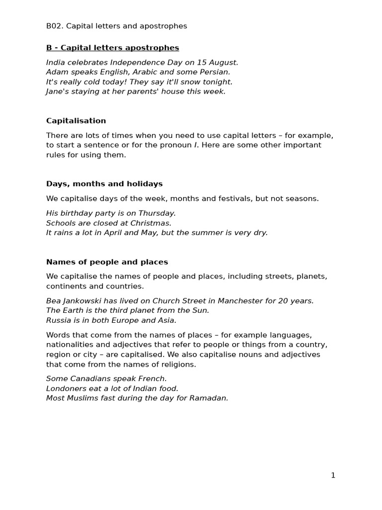 Capital Letters and Apostrophes Guide | PDF | Plural | Grammatical Number