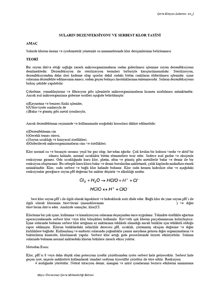 Suların Dezenfeksiyonu Ve Serbest Klor Tayini | PDF