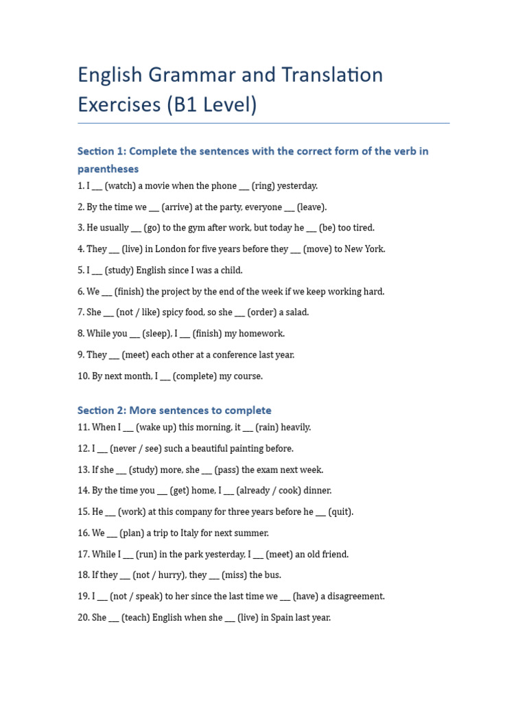 B1 English Grammar & Translation Exercises | PDF