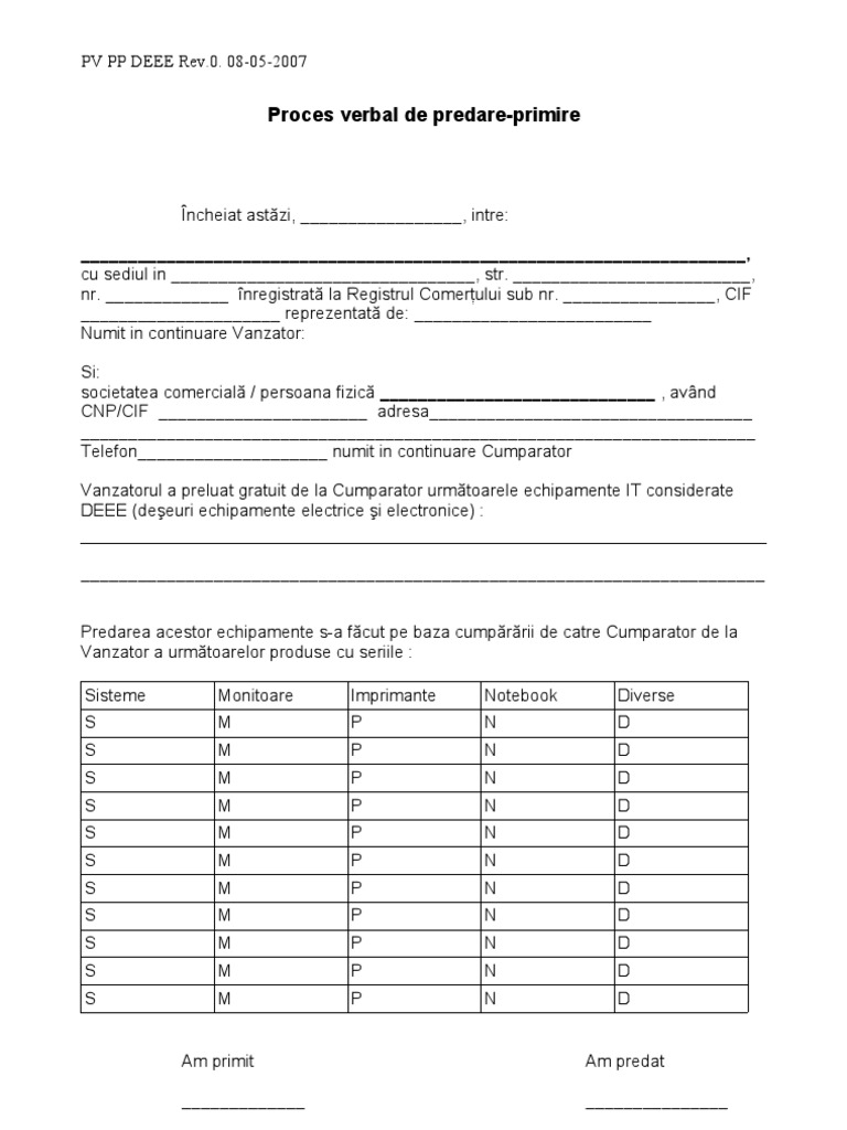 Proces Verbal Predare Primire | PDF