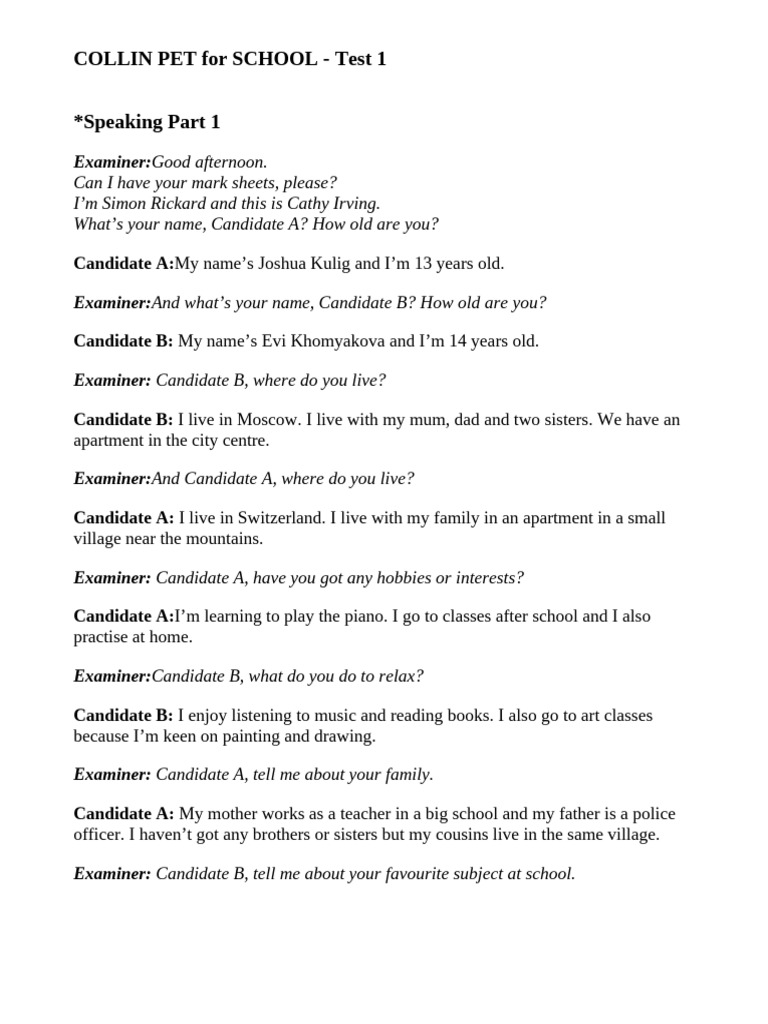 COLLIN PET For SCHOOL - Test 1 | PDF