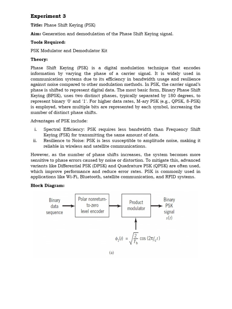 Experiment 3 - Phase Shift Keying - PSK | PDF