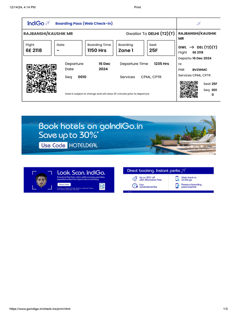Boarding Pass - GWL-CCU - 161224 | PDF | Transport | Aviation