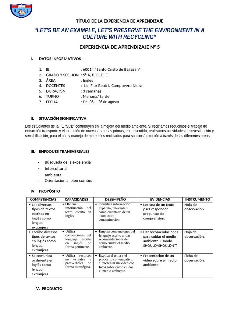 5° Grade EXPERIENCIA DE APRENDIZAJE #5 - INGLES MODIFICAR | PDF | Evaluación | Aprendizaje