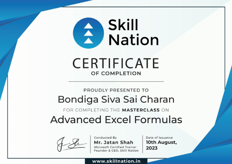 Advanced Excel Course Certificate | PDF