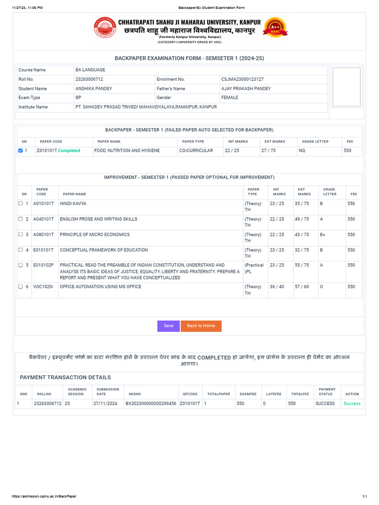 Backpaper_Ex Student Examination Form | PDF