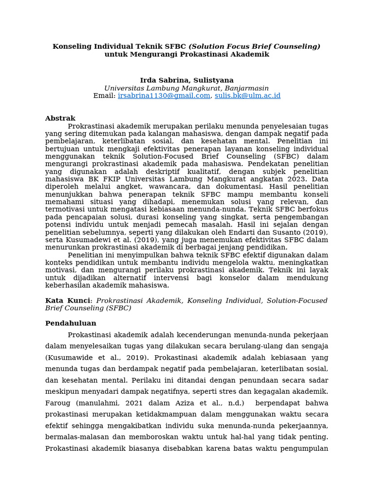 ArtikelPenerapan Konseling Individual Teknik SFBC | PDF