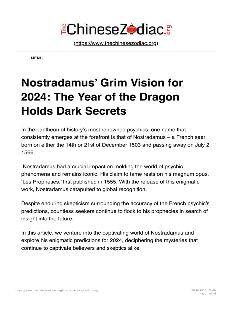 Nostradamus' Grim Vision For 2024 - The Year of The Dragon Holds Dark ...