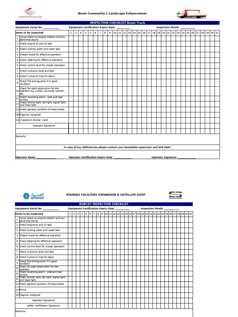 Skid Loader Daily Checklist. | PDF | Land Vehicles | Motor Vehicle