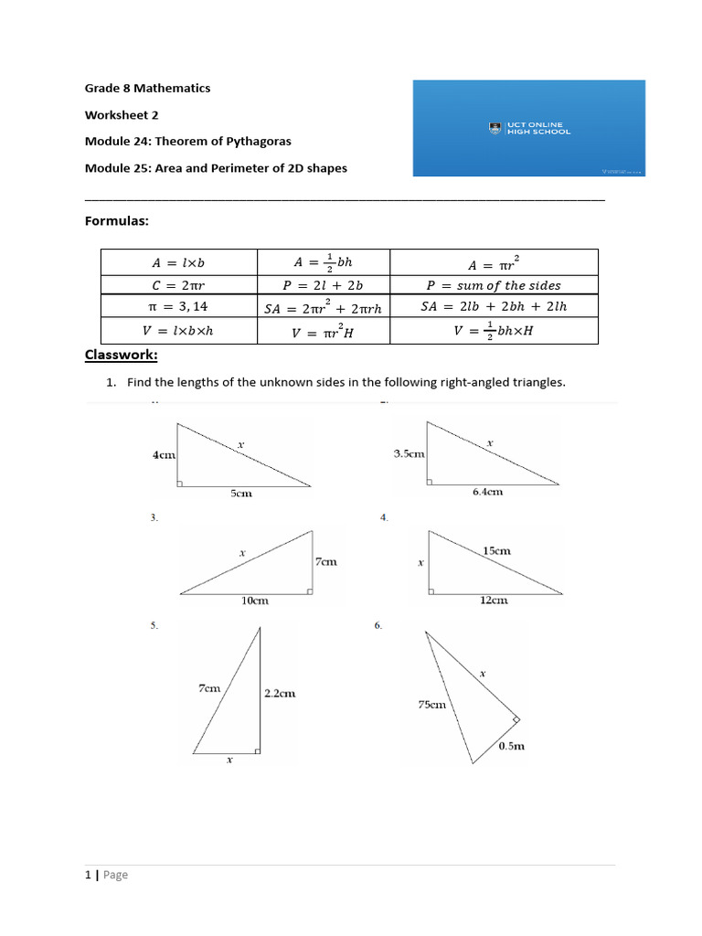 Grade 8 Math: Pythagoras & Area Formulas | PDF