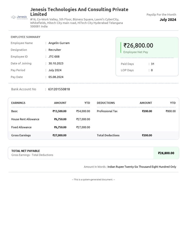 July 2024 Payslip for Angelin Gurram | PDF