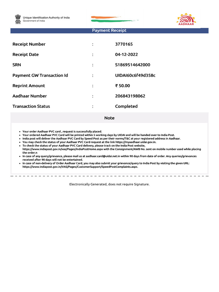 Payment Receipt Payment Receipt: Electronically Generated, Does Not ...
