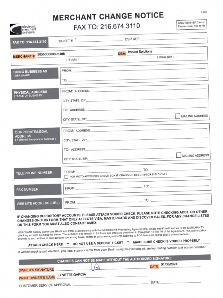 EMS - Merchant Change Notice Form Bank Account | PDF