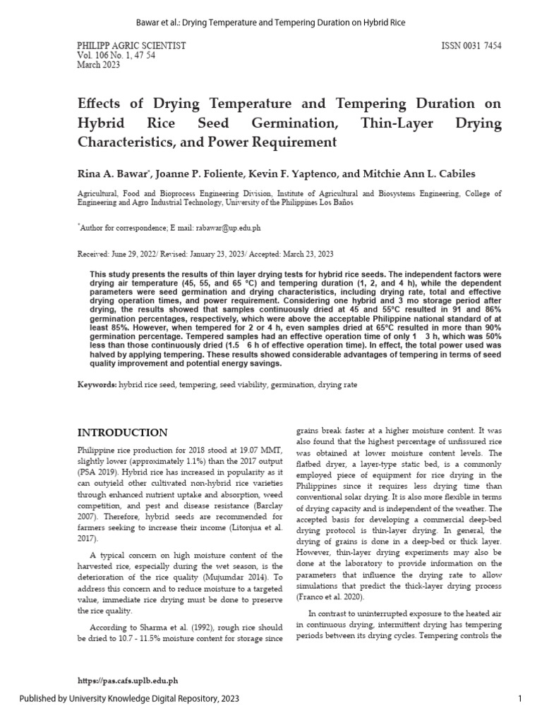 Drying Temperature and Tempering Duration On Hybrid Rice | PDF | Seed | Germination
