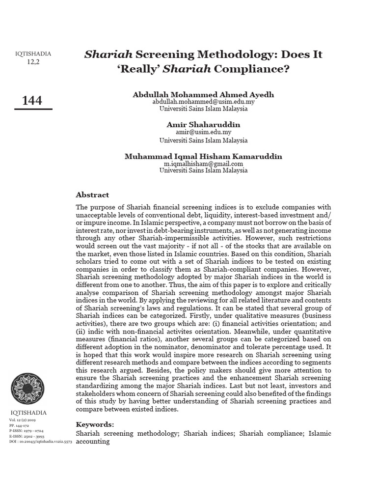Shariah Screening Methodology Does It тАШReallyтАЩ Shariah Compliance | PDF | Islamic Banking ...