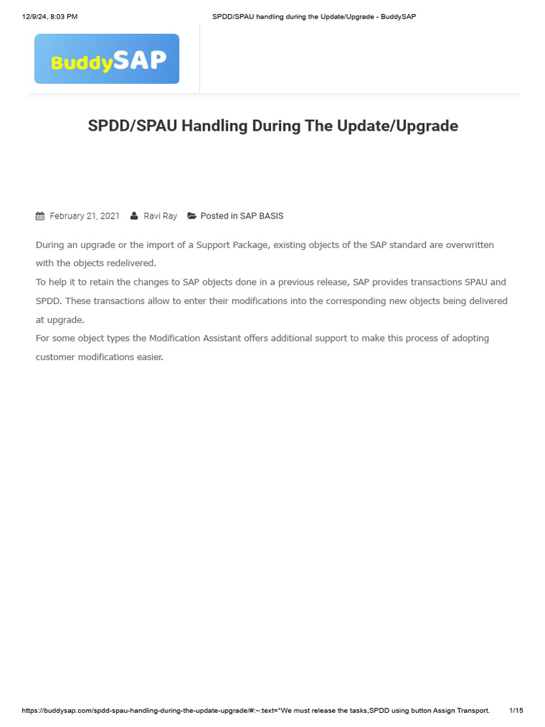SPDD - SPAU Handling During The Update - Upgrade - BuddySAP | PDF | Databases | Computer File