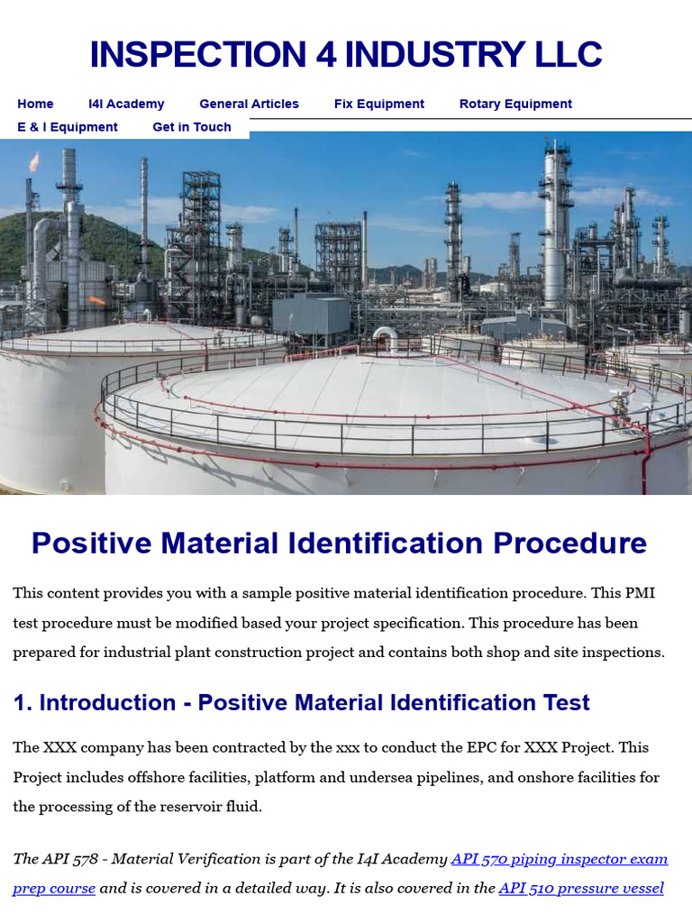 Positive Material Identification Procedure | PDF | Pipe (Fluid Conveyance) | Stainless Steel