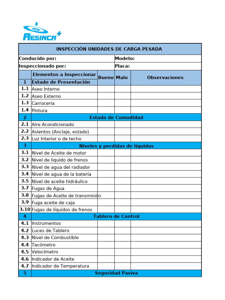 Check List Unidades de Carga Pesada | PDF | Vehículos | Partes de vehículo