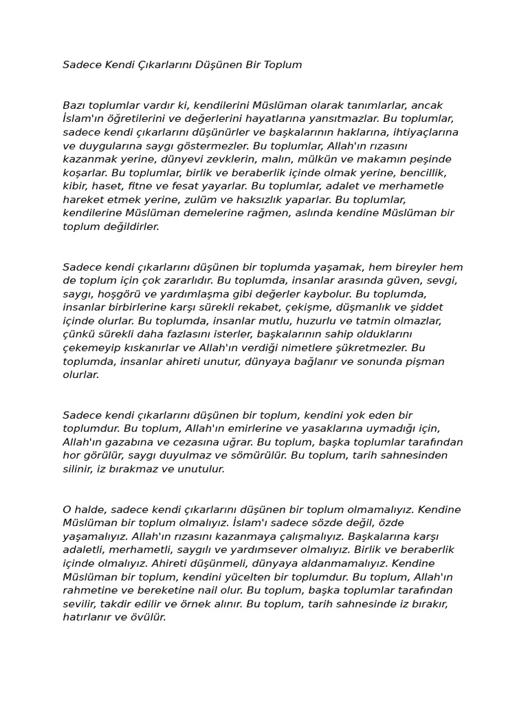 Sadece Kendi Çıkarlarını Düşünen Bir Toplum | PDF
