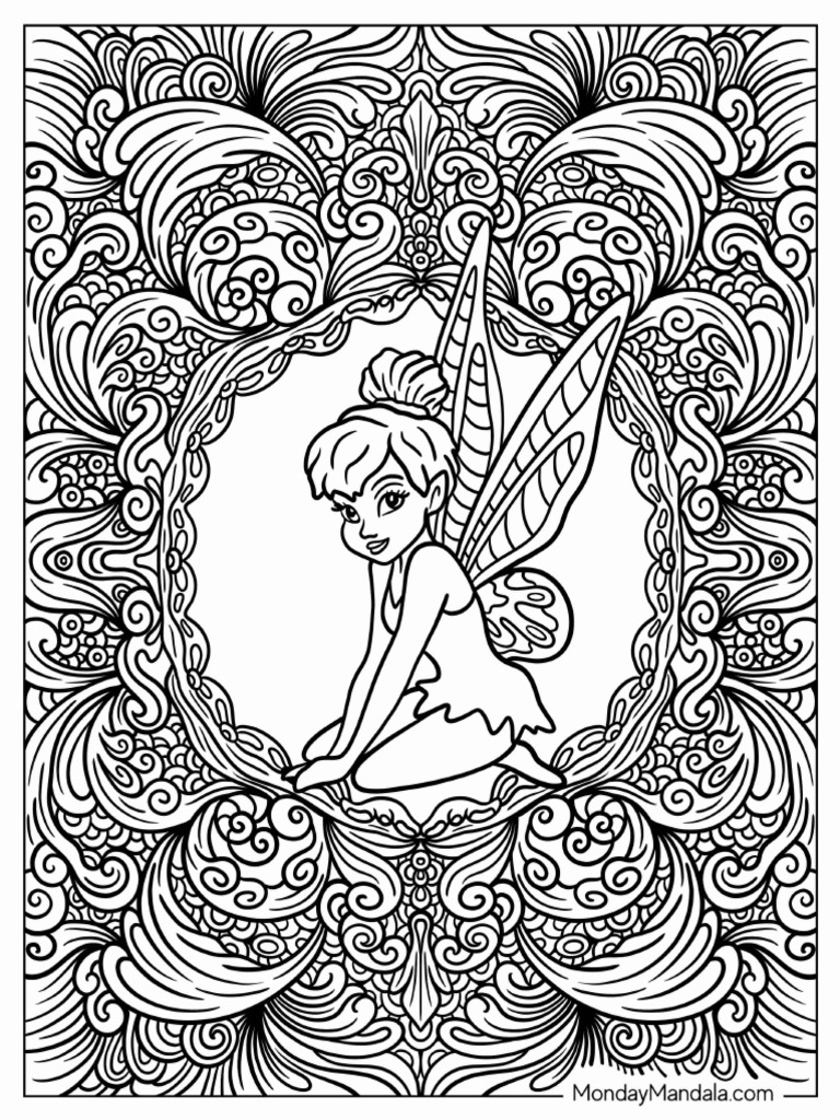 Tinker Bell Inside An Intricate Mandala Coloring Sheet | PDF