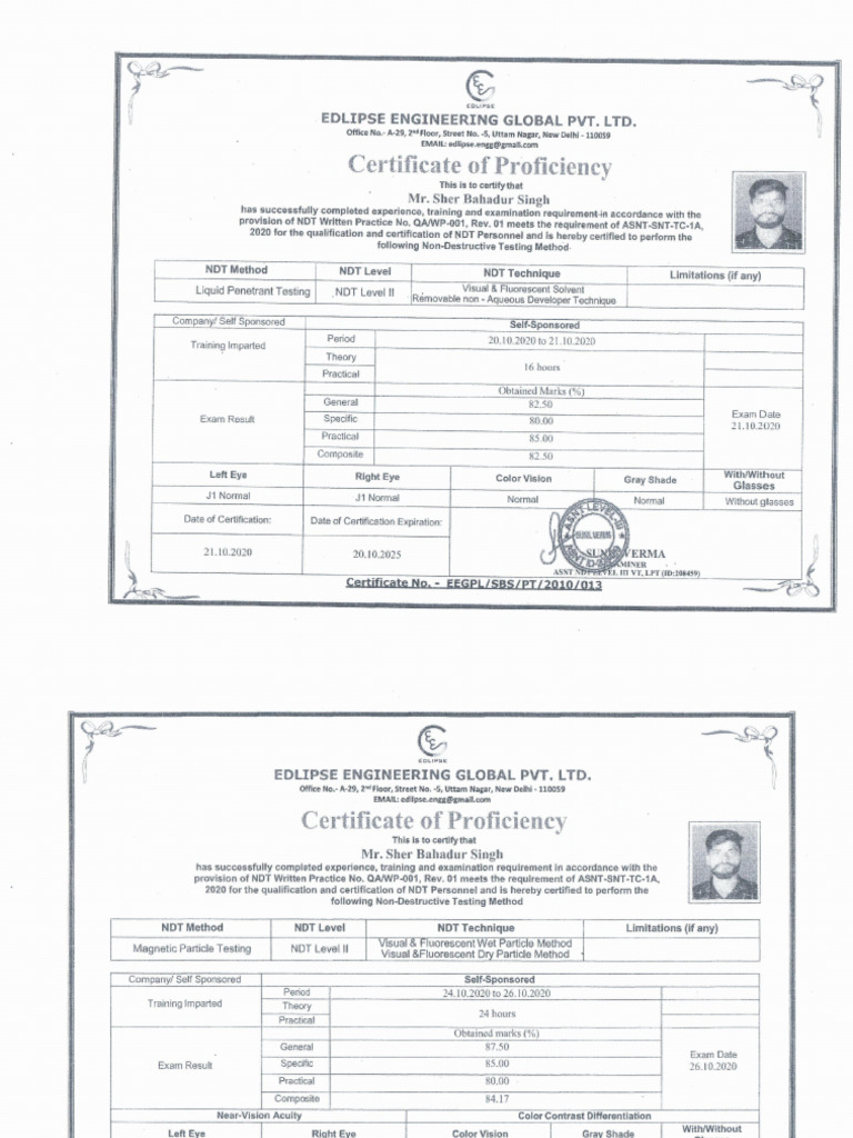 NDT Level-2 Certificate Sher Bahadur Singh Ut & MPT & LPT | PDF