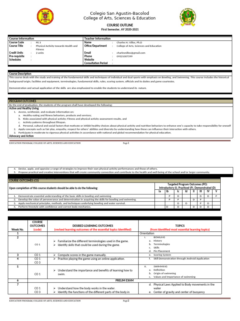 PE3 Course Outline 2020 | PDF | Swimming | Behavior