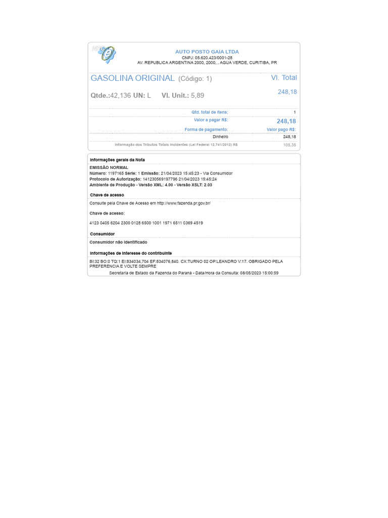 Nota Fiscal de Combustível - Auto Posto Gaia | PDF